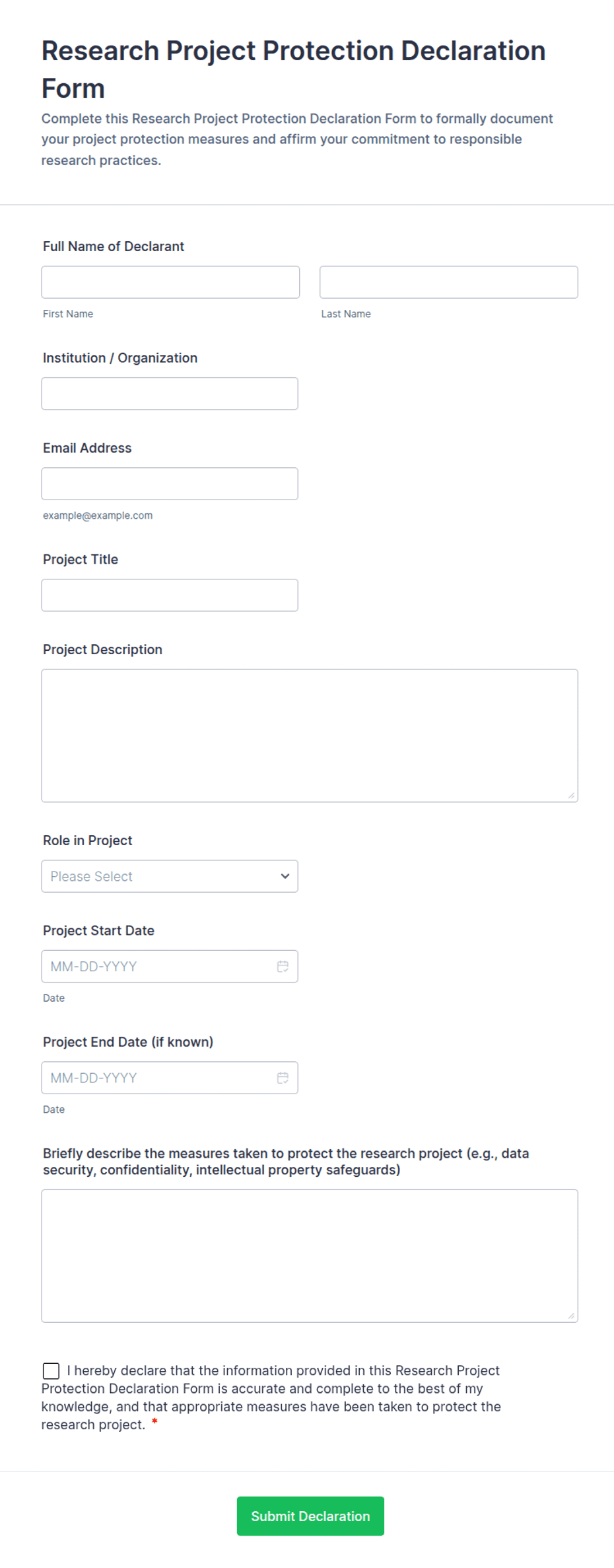 Research Project Protection Declaration Form Template | Jotform