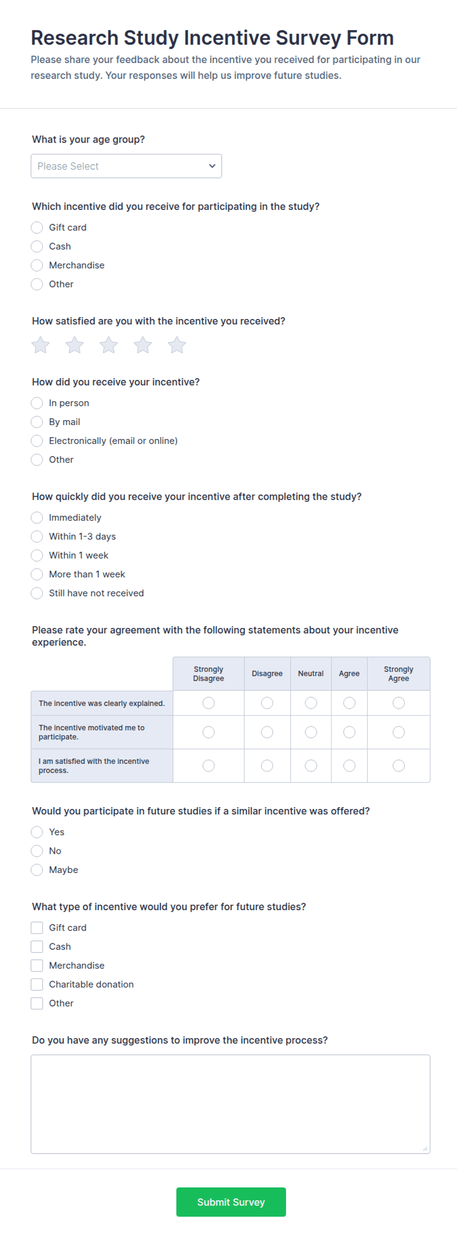 Research Study Incentive Survey Form Template | Jotform