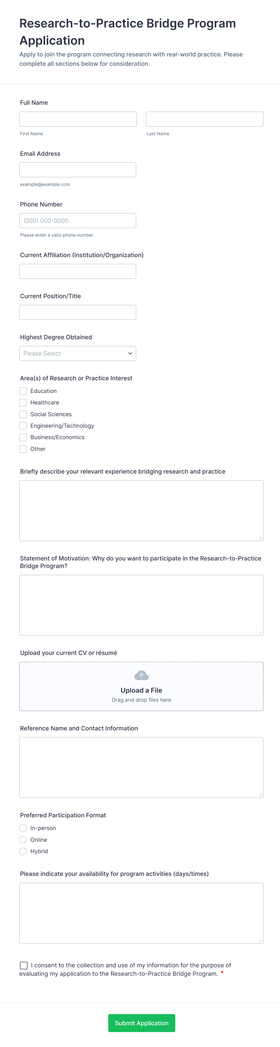 Research-to-Practice Bridge Program Application Form Template | Jotform