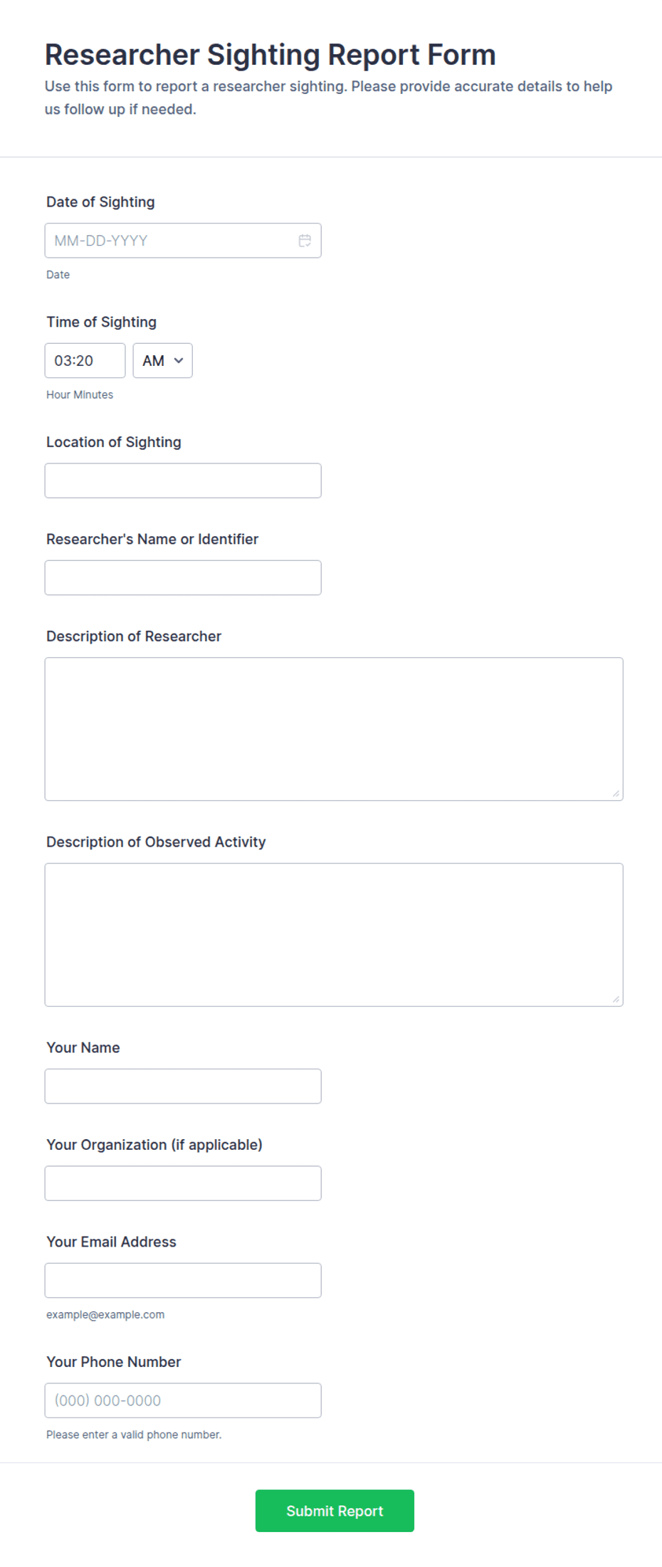 Researcher Sighting Report Form Template | Jotform