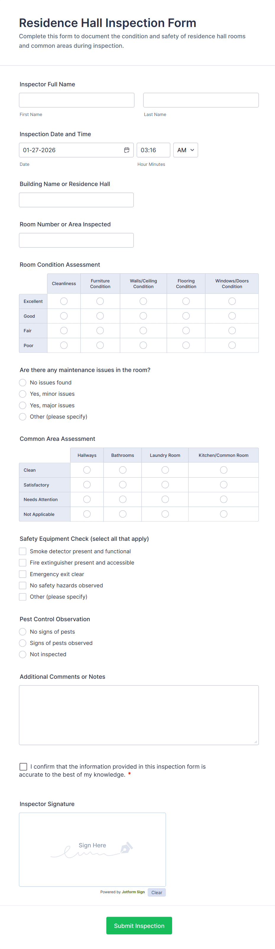 Residence Hall Inspection Form Template | Jotform