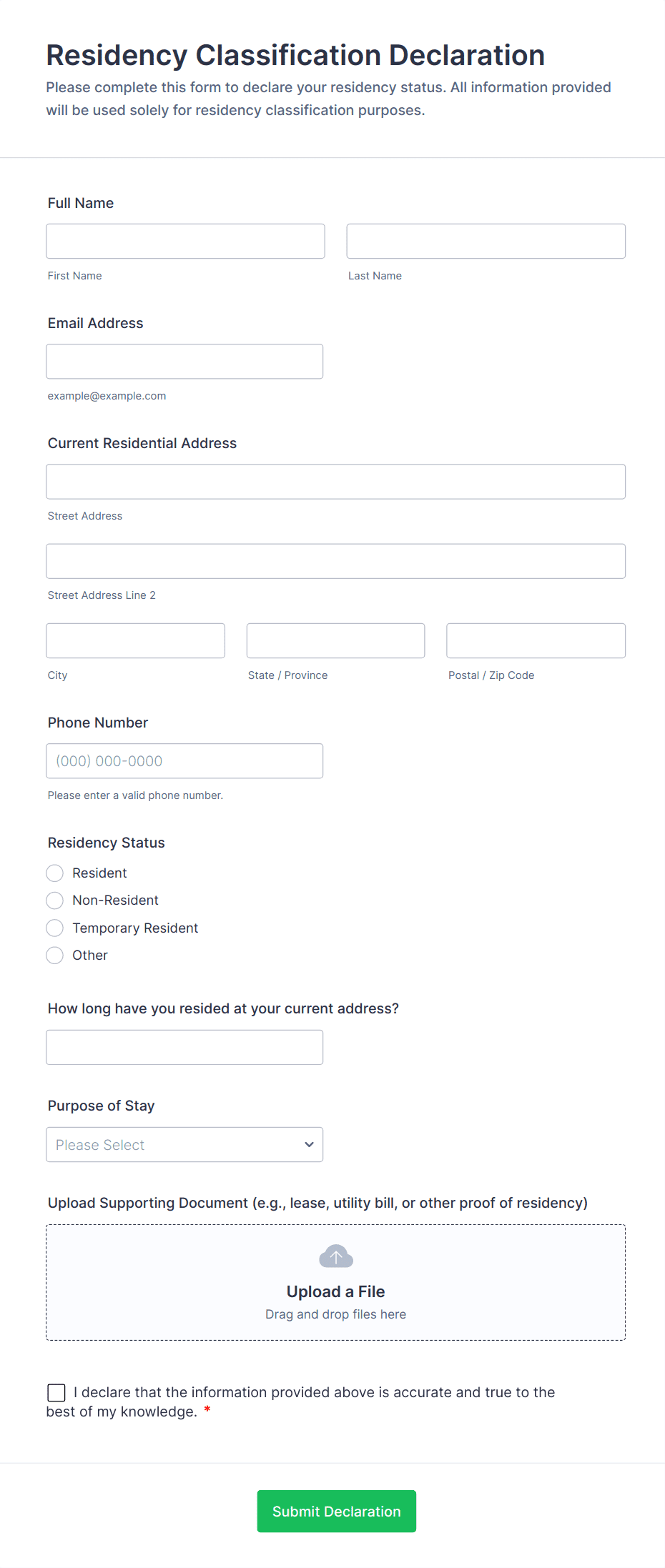 Residency Classification Declaration Form Template | Jotform