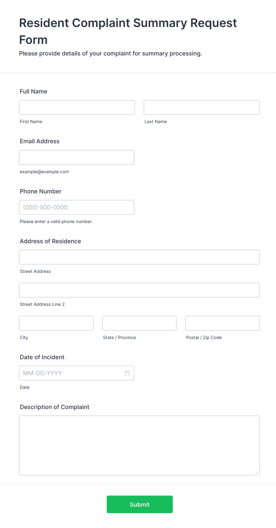 Resident Complaint Summary Request Form Template | Jotform