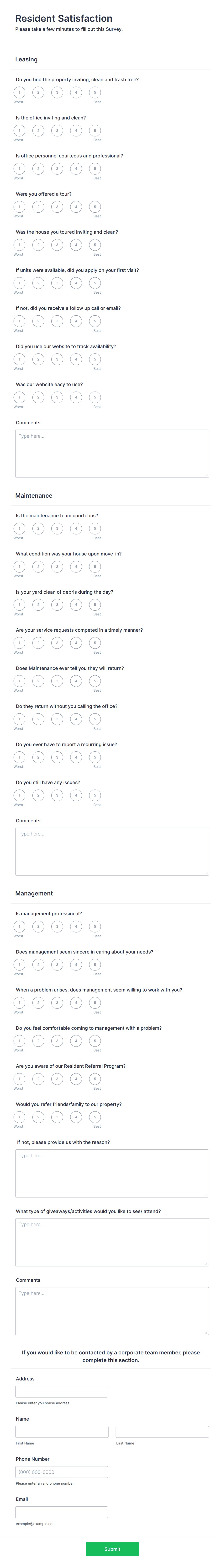 Resident Satisfaction Survey 1-3 Beds Form Template | Jotform