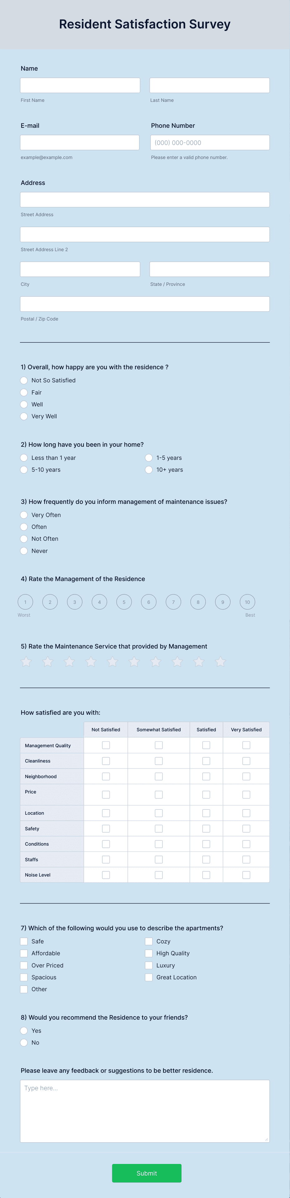 Resident Satisfaction Survey Form Template | Jotform