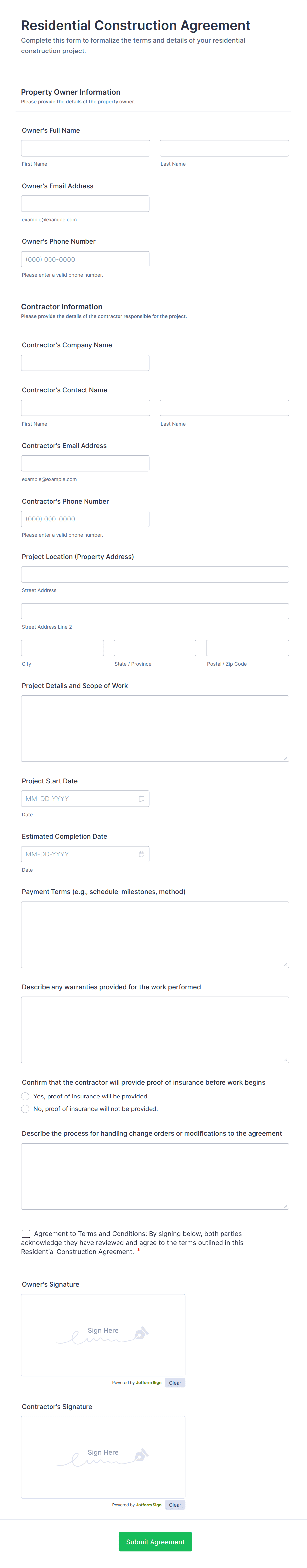Residential Construction Agreement Form Template | Jotform