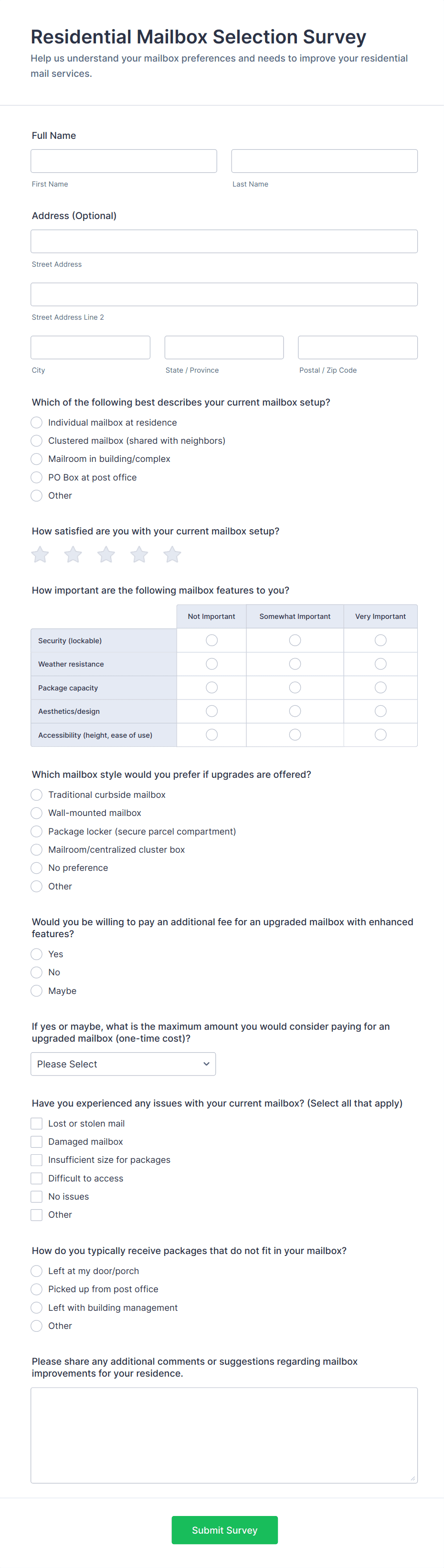Residential Mailbox Selection Survey Form Template | Jotform