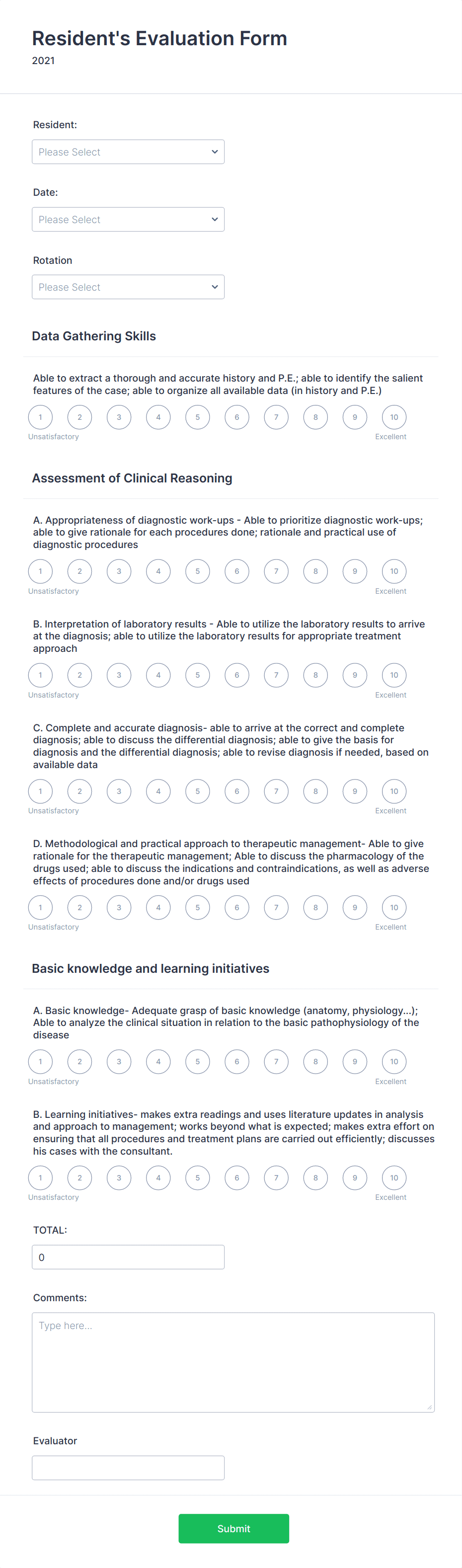 Resident's Evaluation Form Template | Jotform