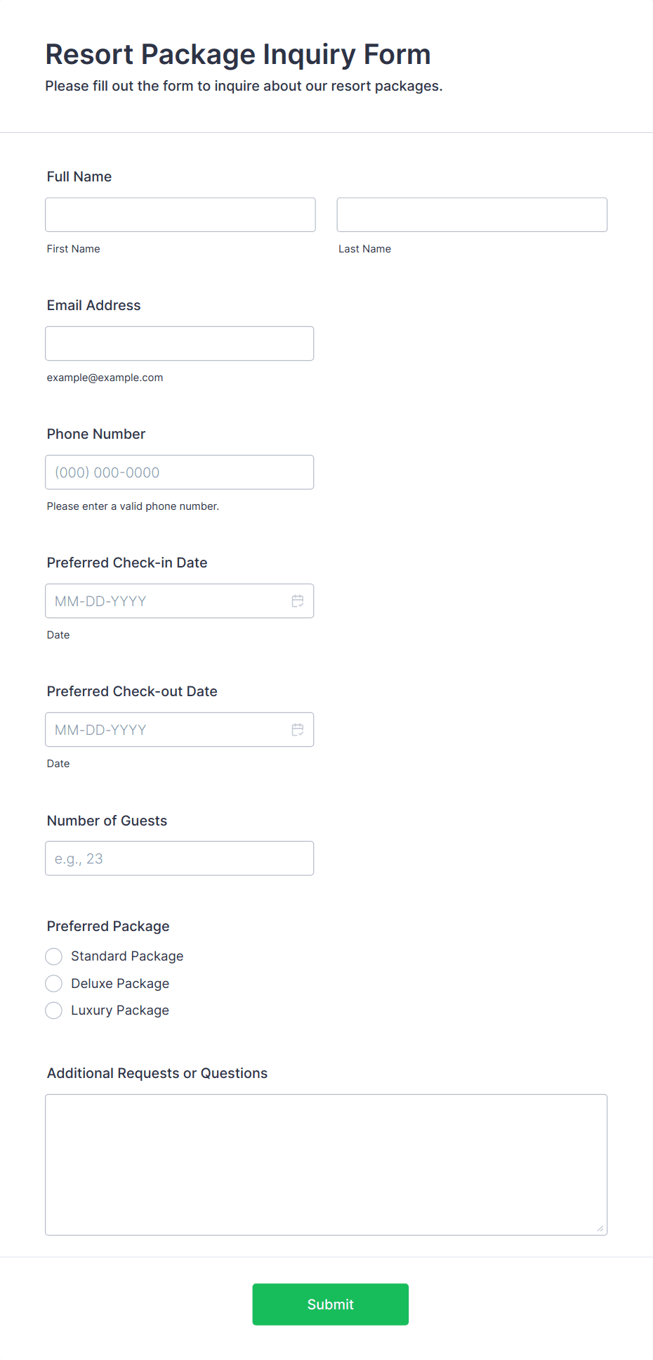 Resort Package Inquiry Form Template | Jotform