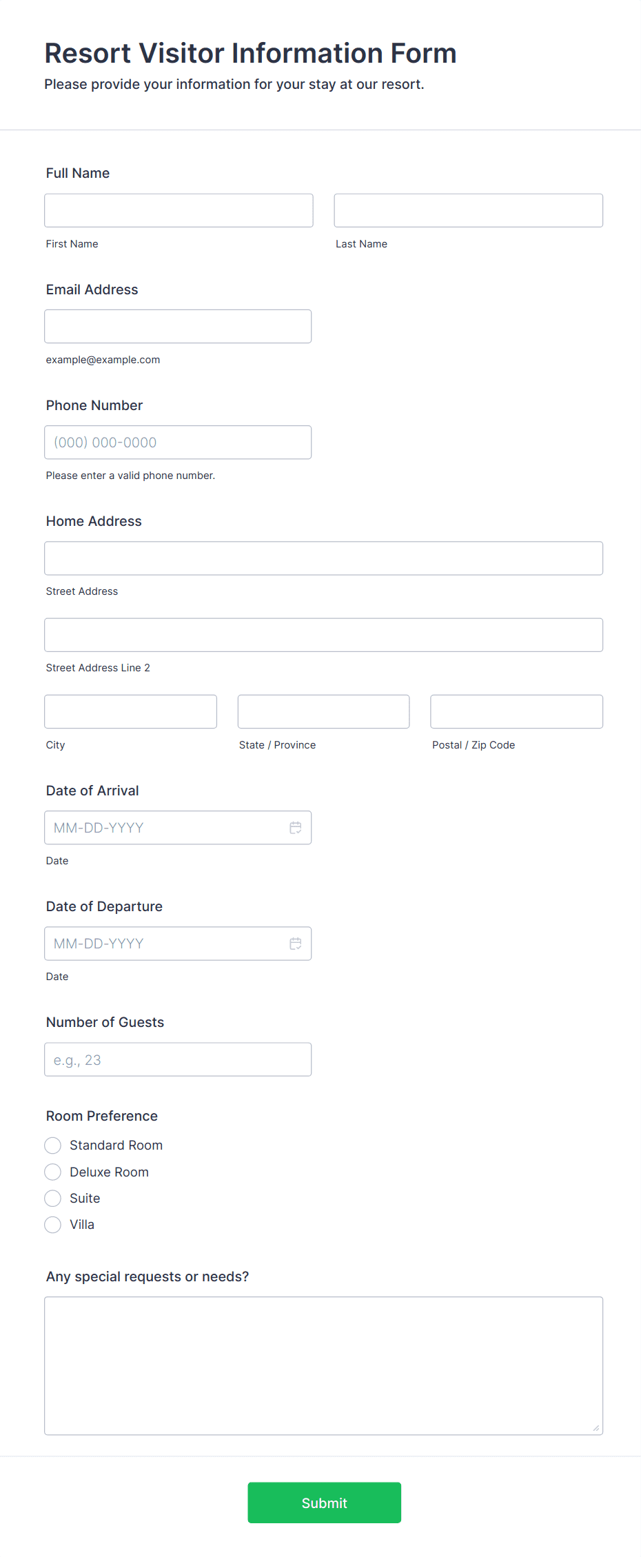 Resort Visitor Information Form Form Template | Jotform
