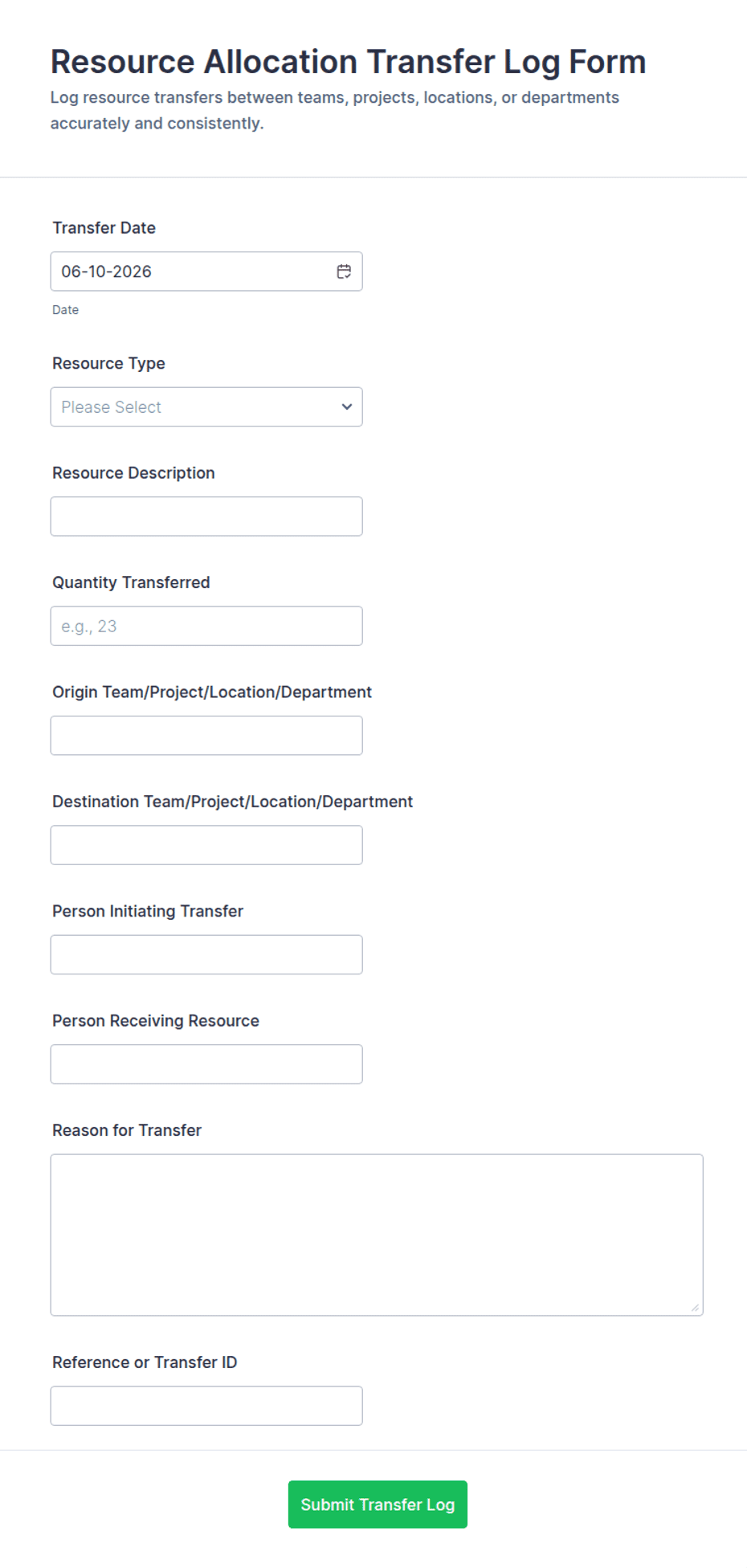 Resource Allocation Transfer Log Form Template | Jotform