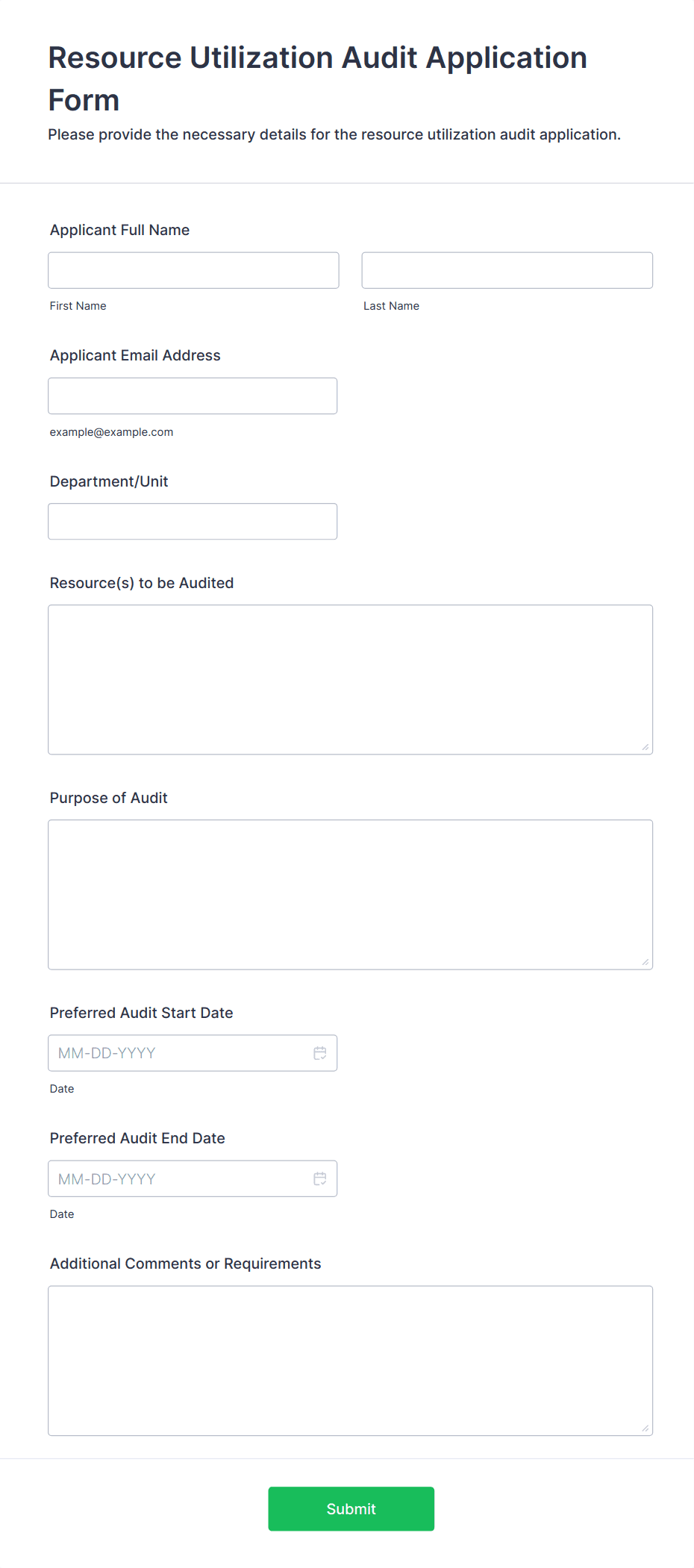 Resource Utilization Audit Application Form Template | Jotform