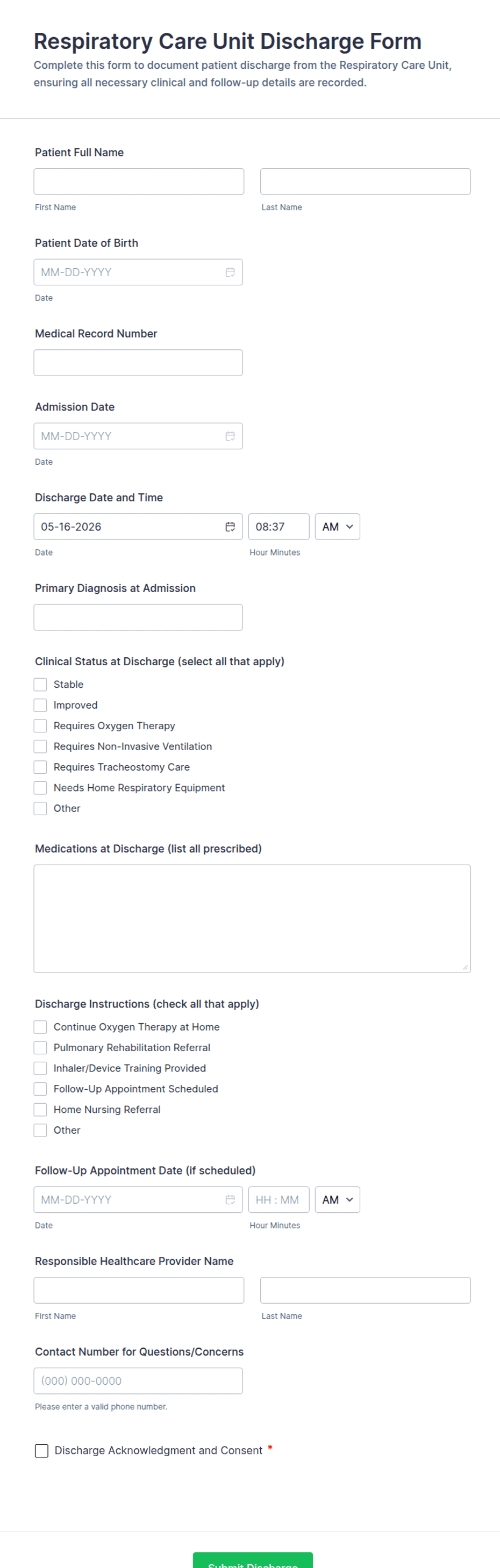 Respiratory Care Unit Discharge Form Template | Jotform