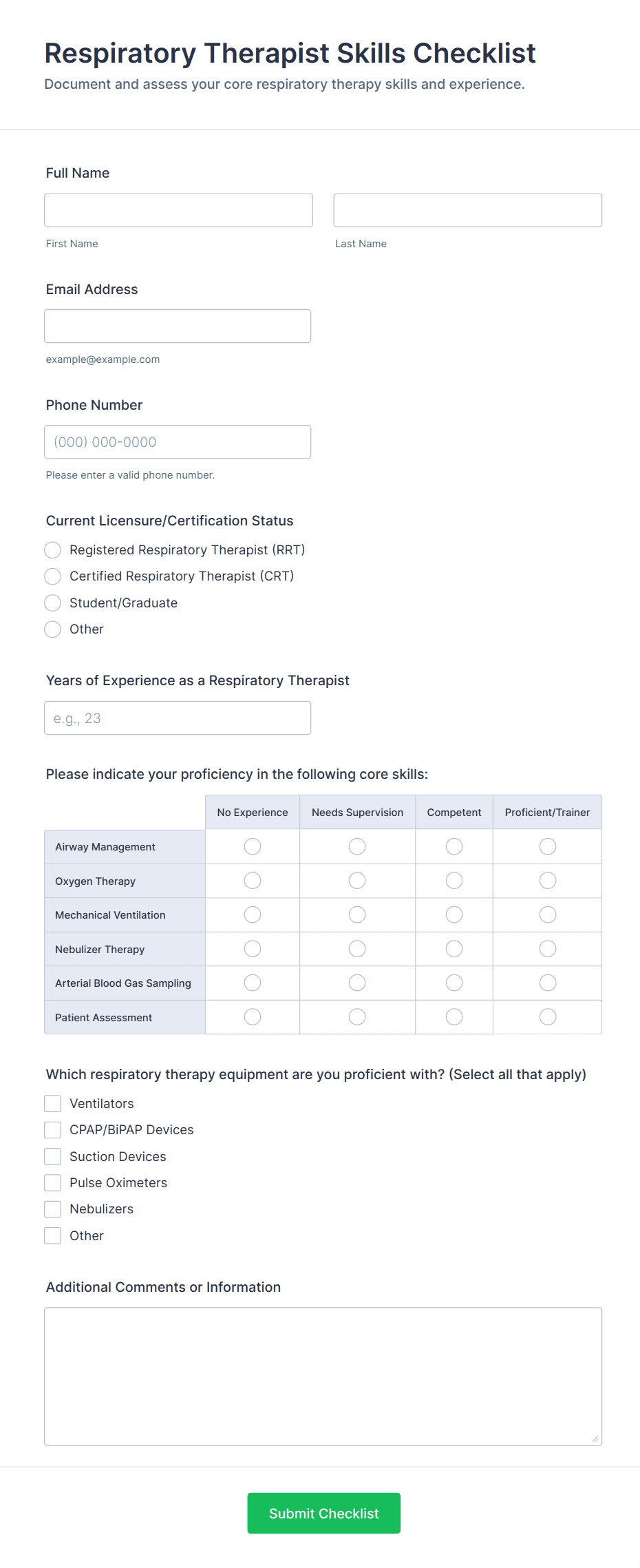 Respiratory Therapist Skills Checklist Form Template | Jotform