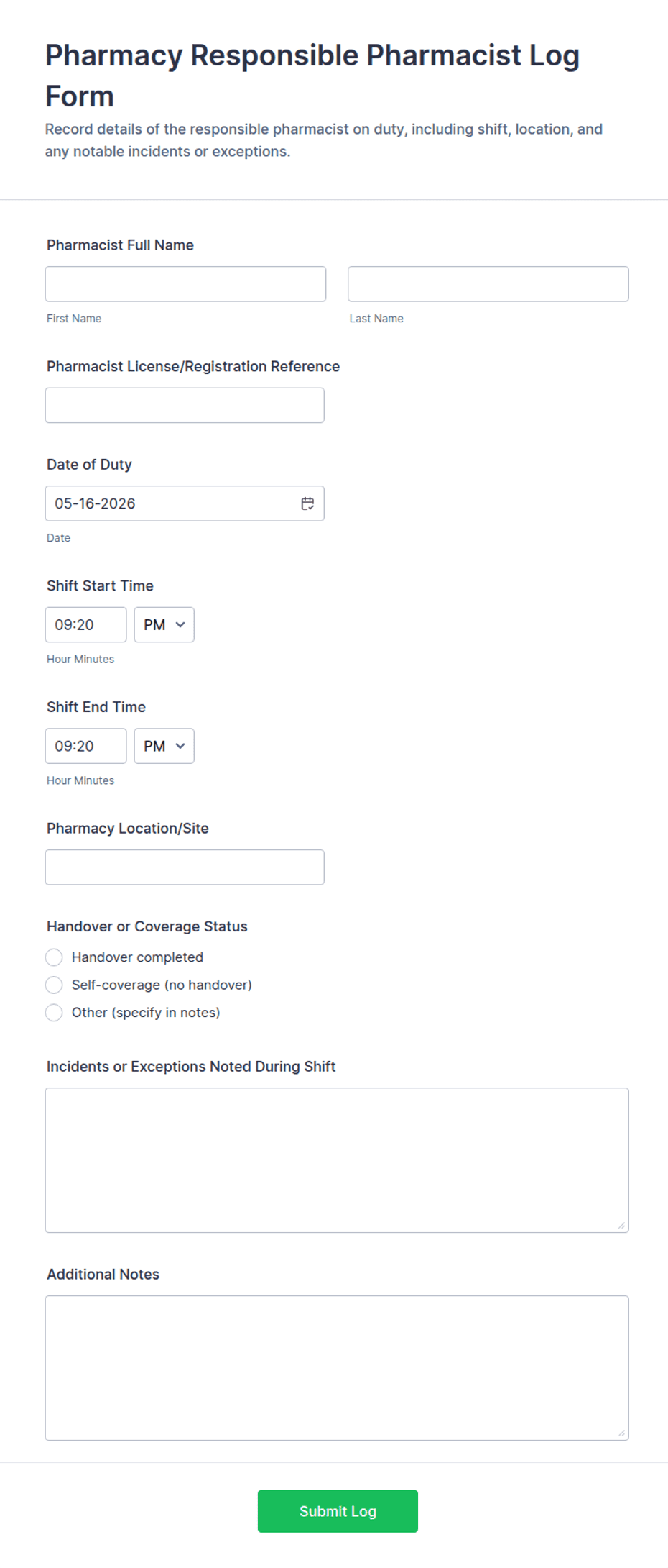 Responsible Pharmacist Log Form Template | Jotform