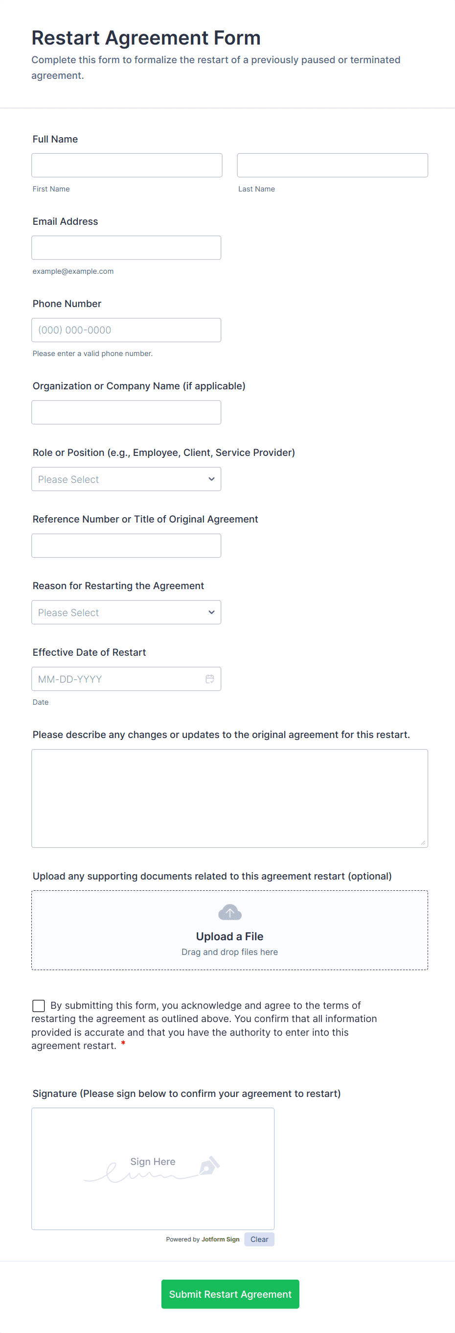 Restart Agreement Form Form Template | Jotform