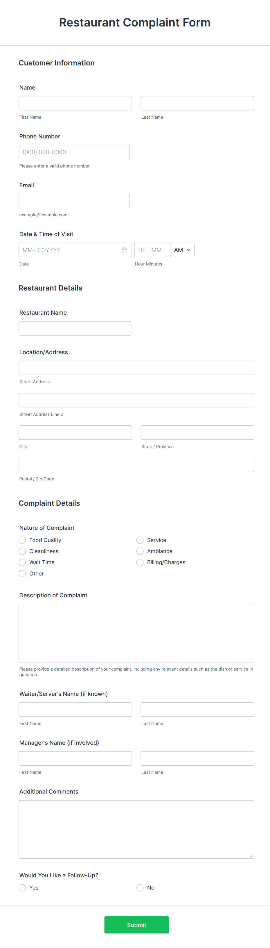 Restaurant Complaint Form Template | Jotform