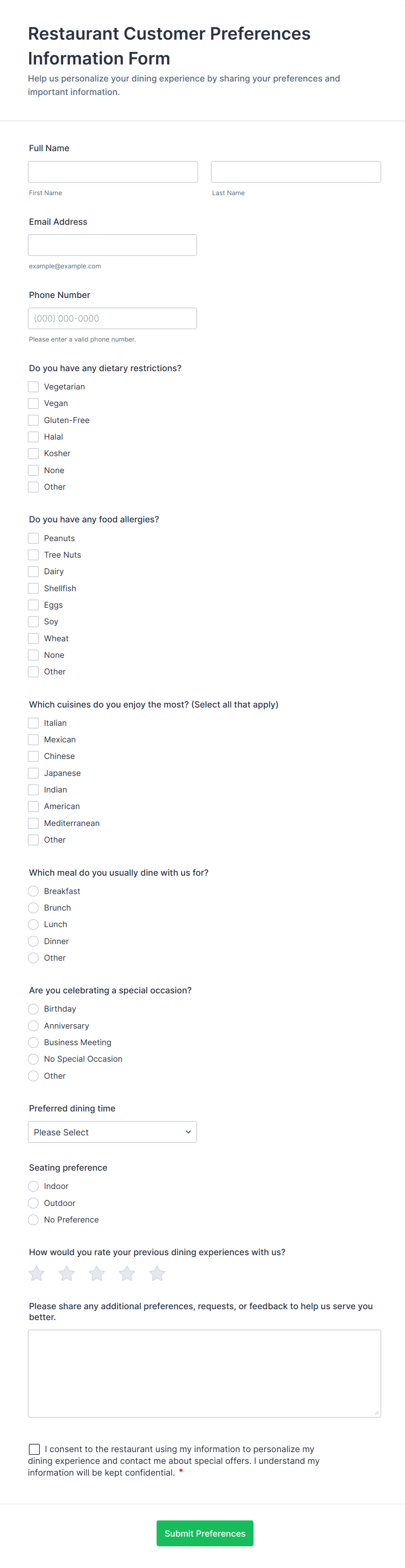 Restaurant Customer Preferences Information Form | Jotform