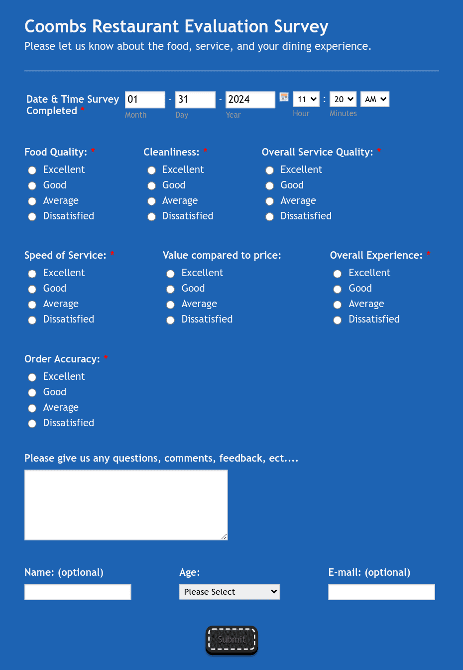 Restaurant Evaluation Survey Form Template | Jotform