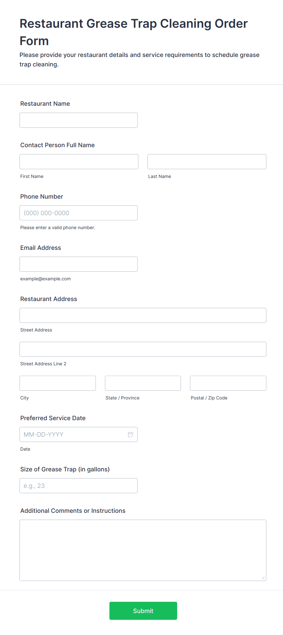 Restaurant Grease Trap Cleaning Order Form Template | Jotform