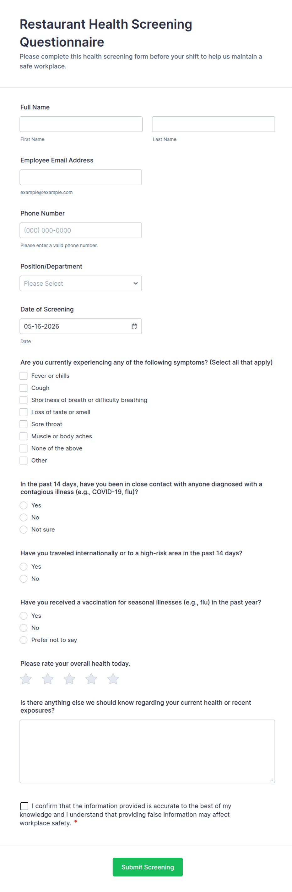 Restaurant Health Screening Questionnaire Form Template | Jotform