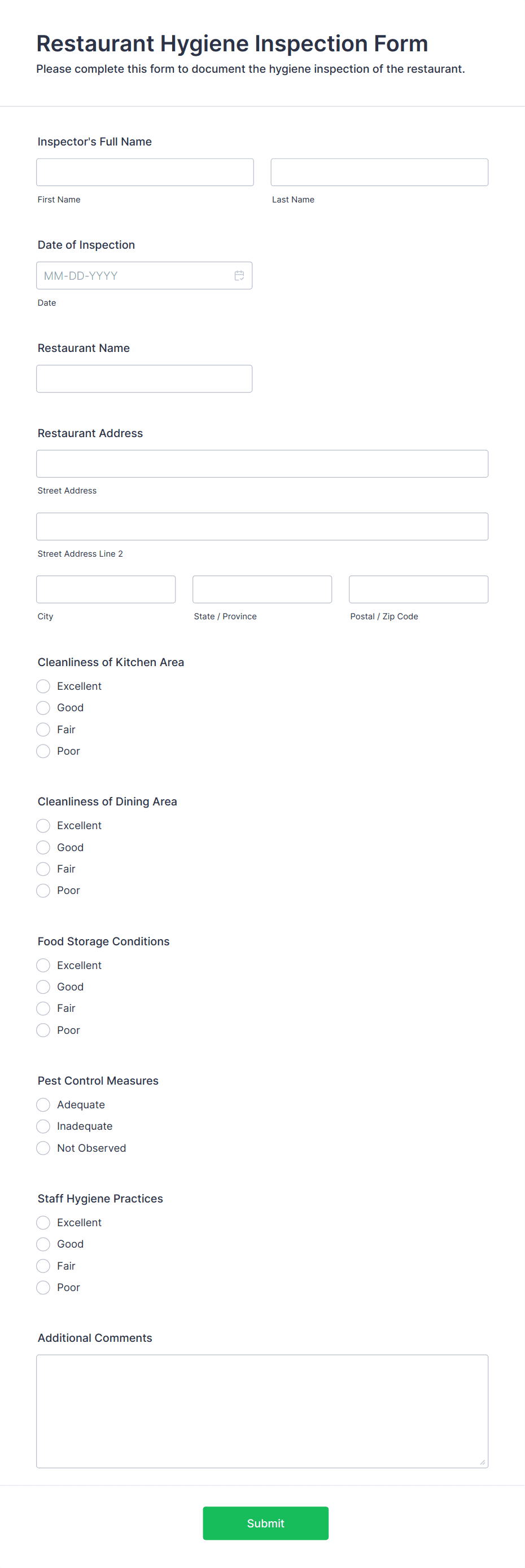 Restaurant Hygiene Inspection Form Template | Jotform