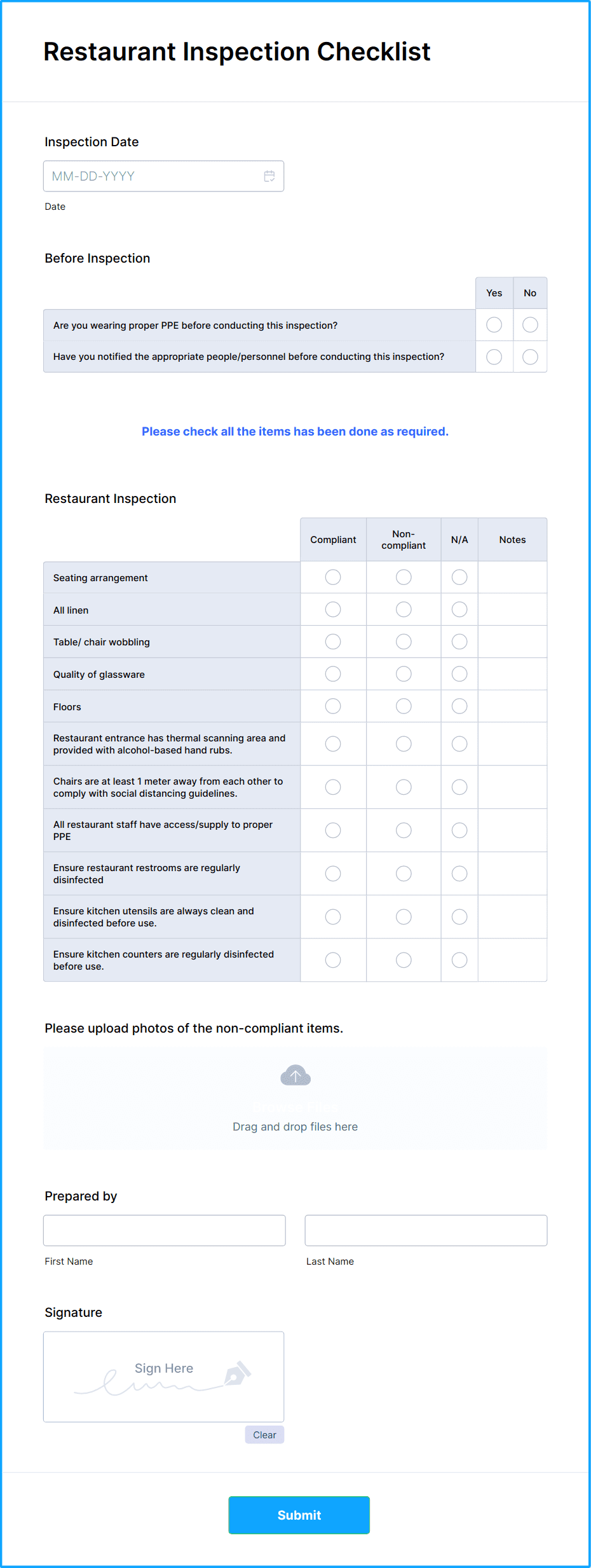 Restaurant Inspection Checklist Form Template | Jotform