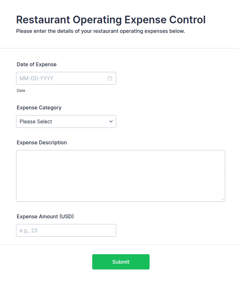 Restaurant Operating Expense Control Form Template | Jotform