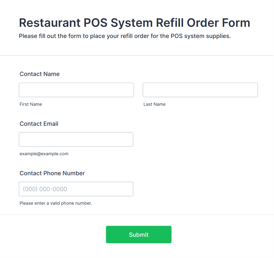 Restaurant POS System Refill Order Form Template | Jotform
