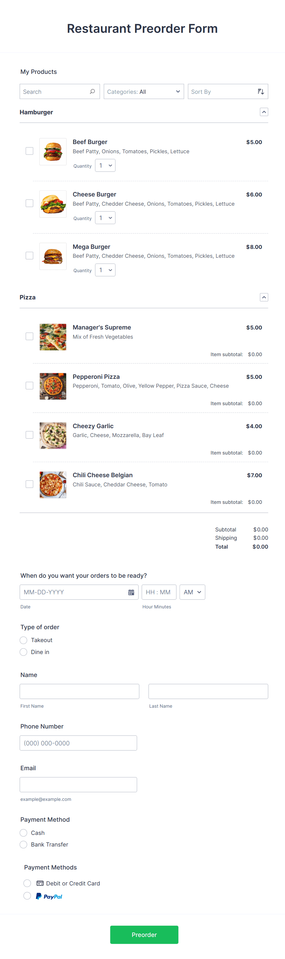 Restaurant Preorder Form Template | Jotform