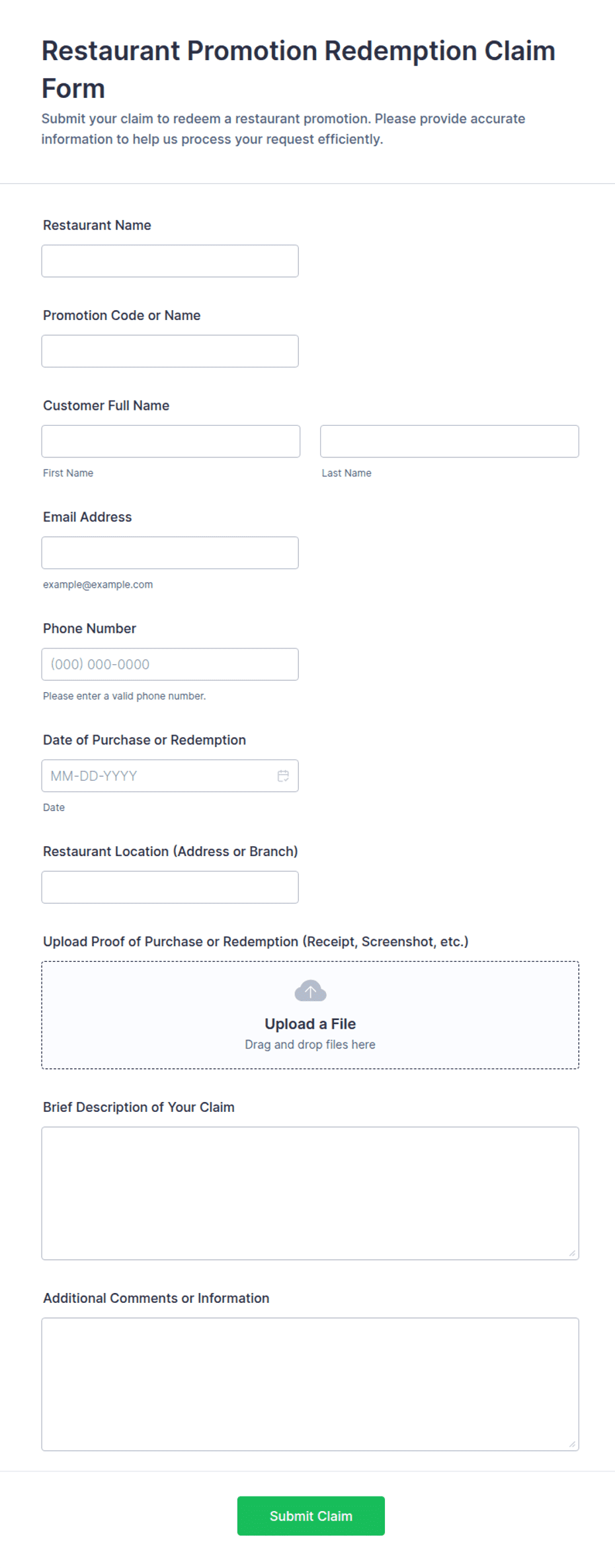 Restaurant Promotion Redemption Claim Form Template | Jotform