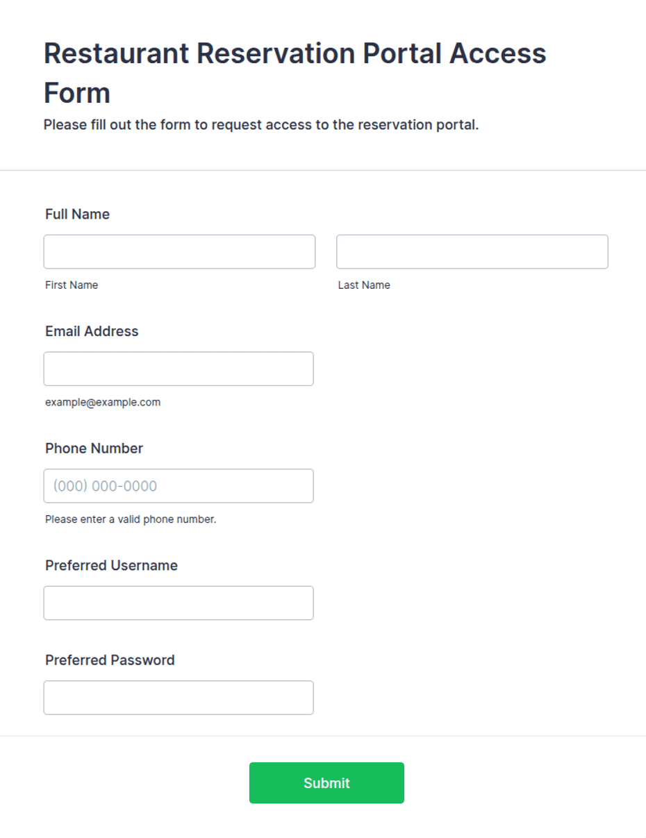 Restaurant Reservation Portal Access Form Template | Jotform