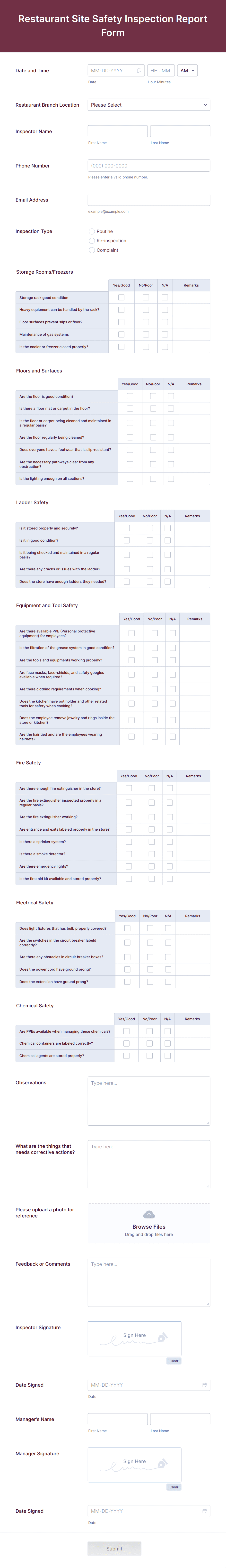 Restaurant Site Safety Inspection Report Form Template | Jotform