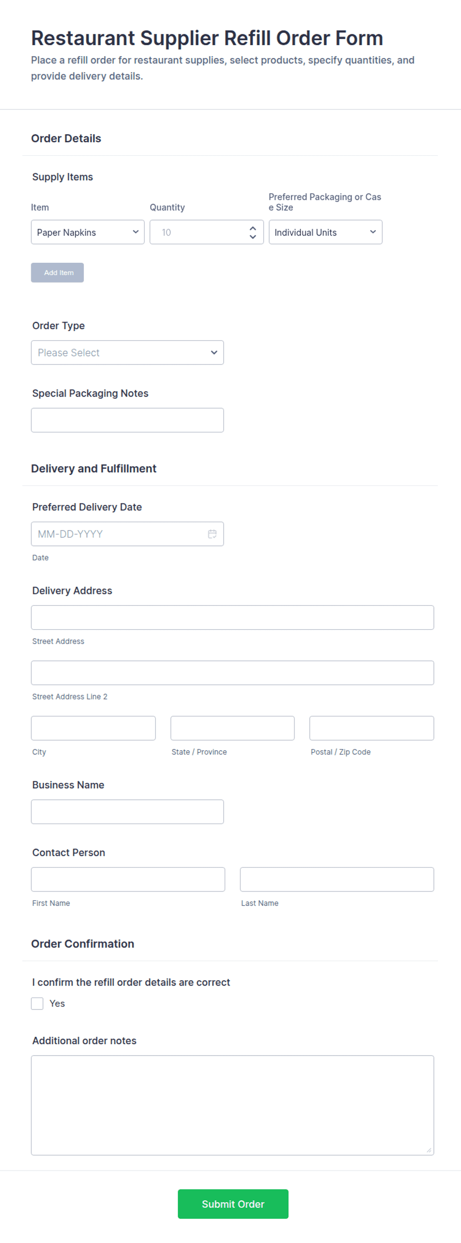 Restaurant Supplier Refill Order Form Template | Jotform