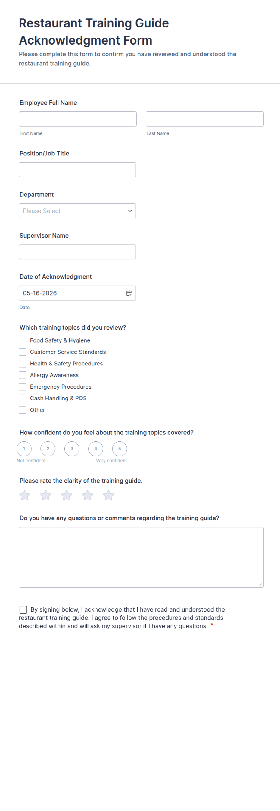 Restaurant Training Guide Acknowledgment Form Template | Jotform