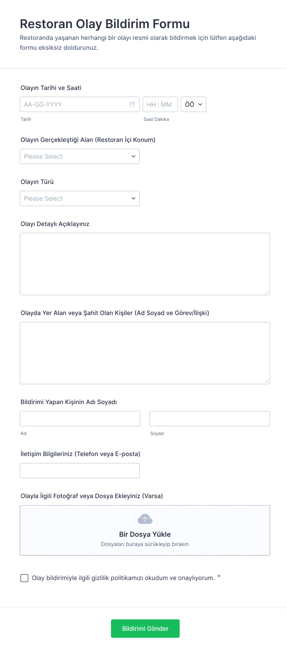 Restoran Olay Bildirim Form Şablonu | Jotform