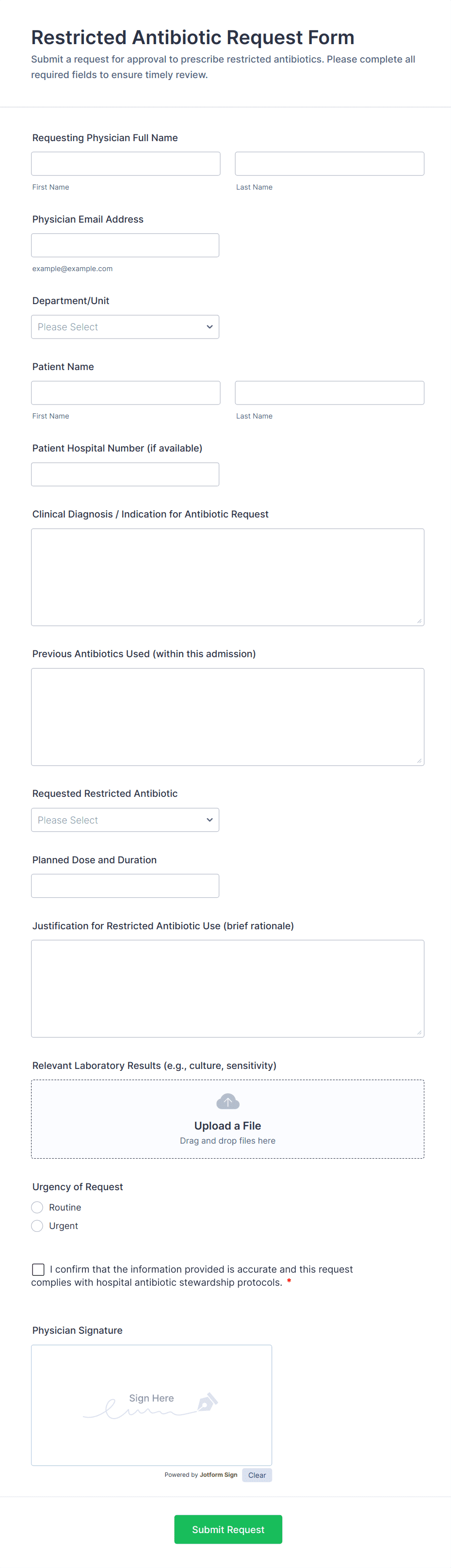 Restricted Antibiotic Request Form Template | Jotform