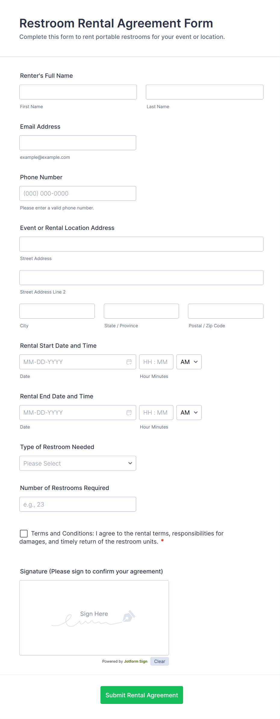 Restroom Rental Agreement Form Template | Jotform