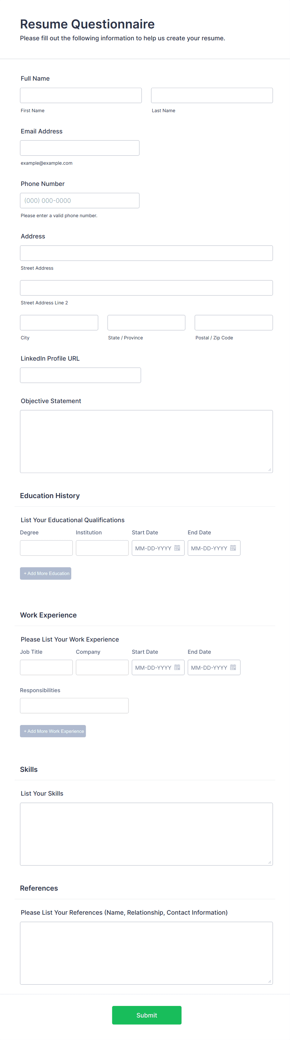 Resume Questionnaire Form Template | Jotform