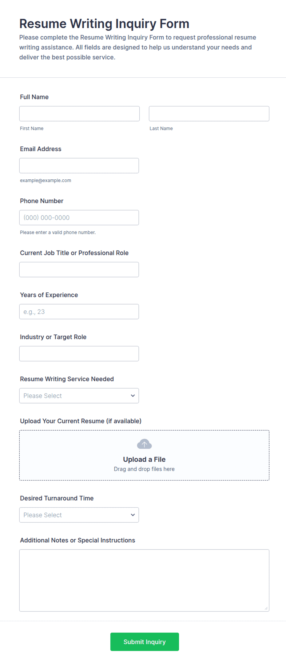 Resume Writing Inquiry Form Template | Jotform