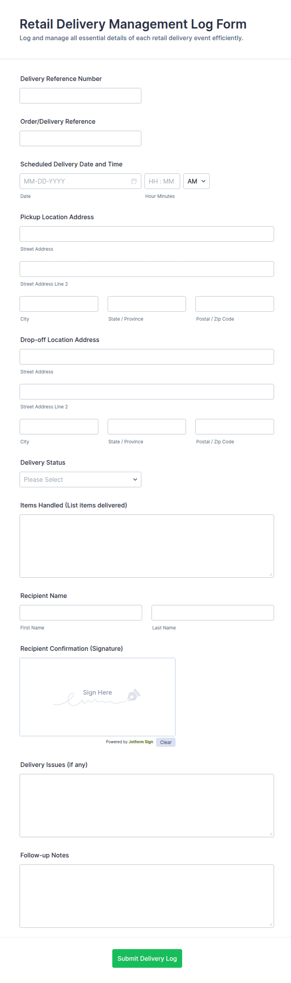 Retail Delivery Management Log Form Template | Jotform