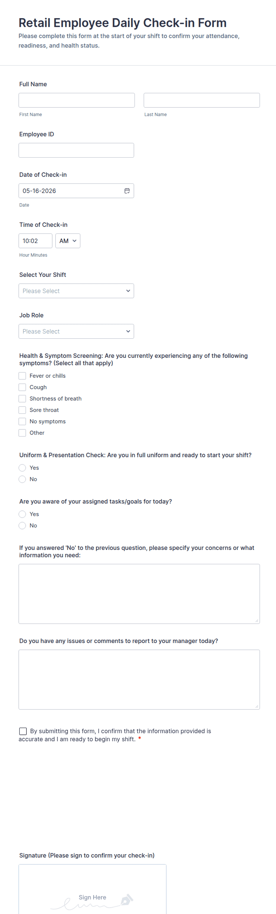 Retail Employee Daily Check-in Form Template | Jotform