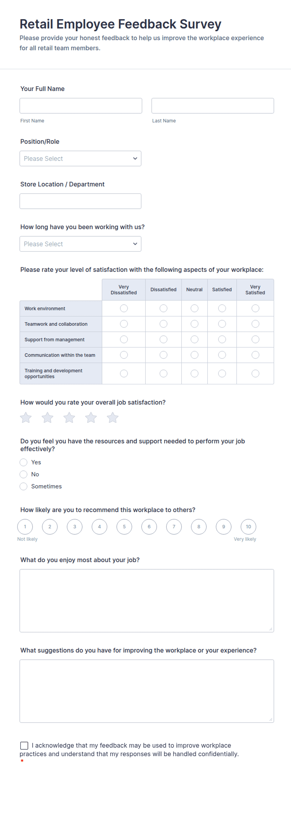Retail Employee Feedback Survey Form Template | Jotform