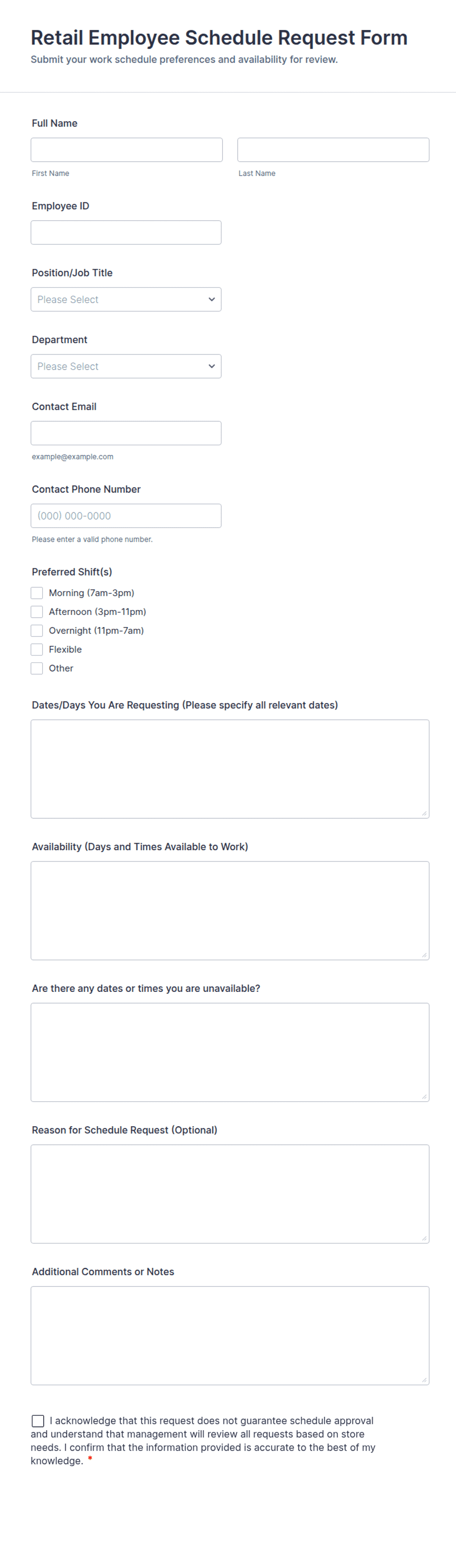 Retail Employee Schedule Request Form Template | Jotform