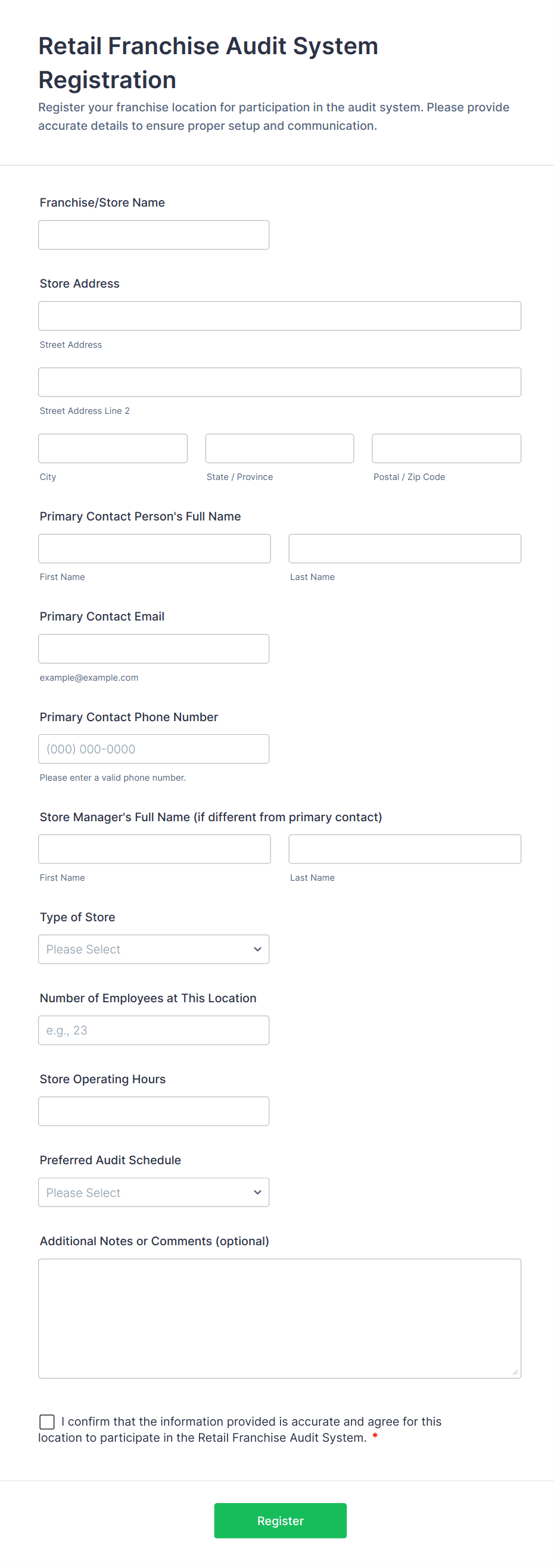 Retail Franchise Audit System Registration Form Template | Jotform