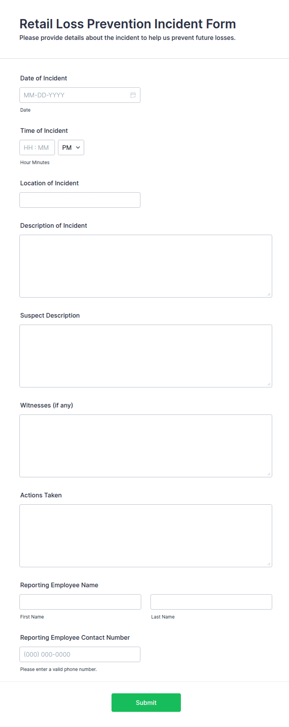 Retail Loss Prevention Incident Form Template | Jotform