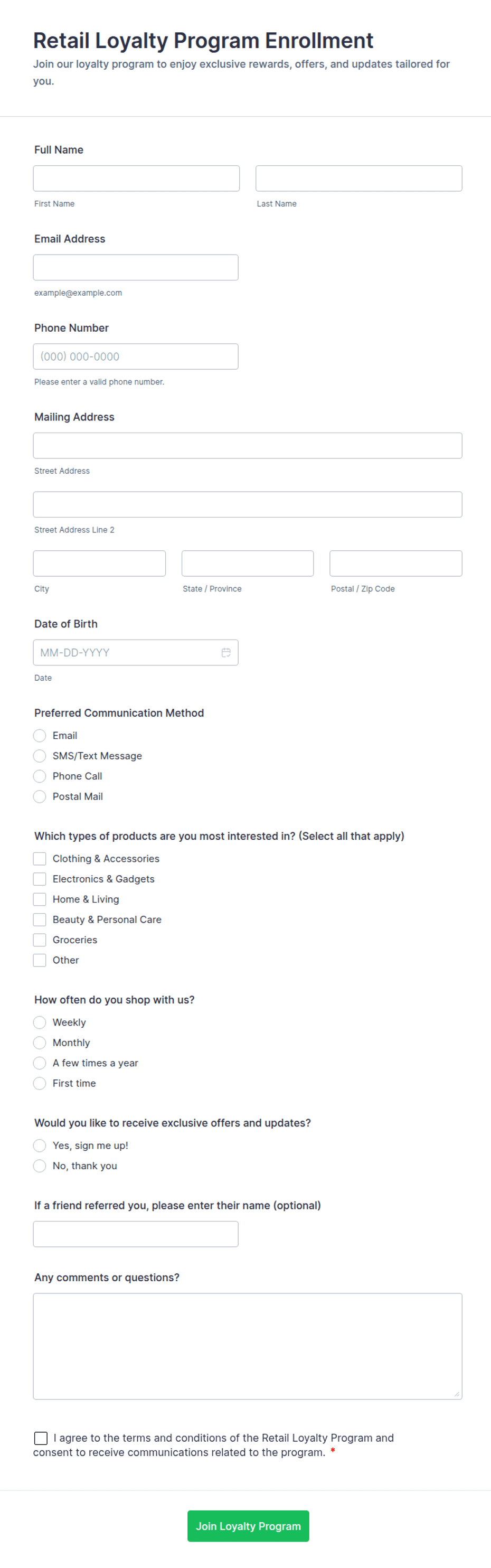 Retail Loyalty Program Enrollment Form Template | Jotform