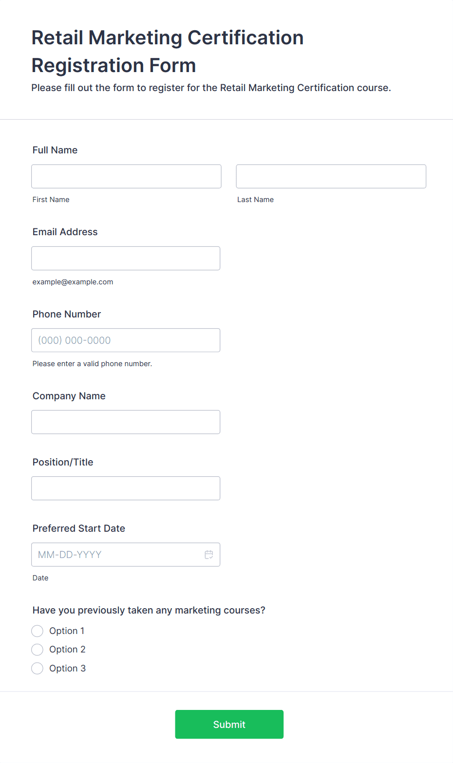Retail Marketing Certification Registration Form Template | Jotform