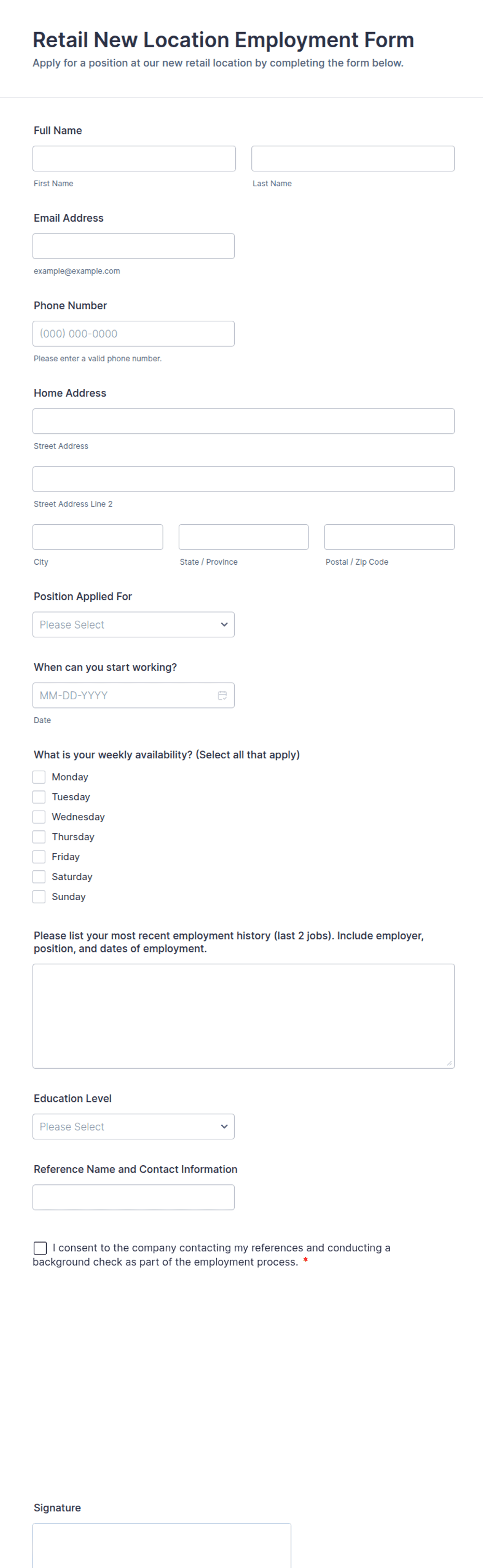Retail New Location Employment Form Template | Jotform