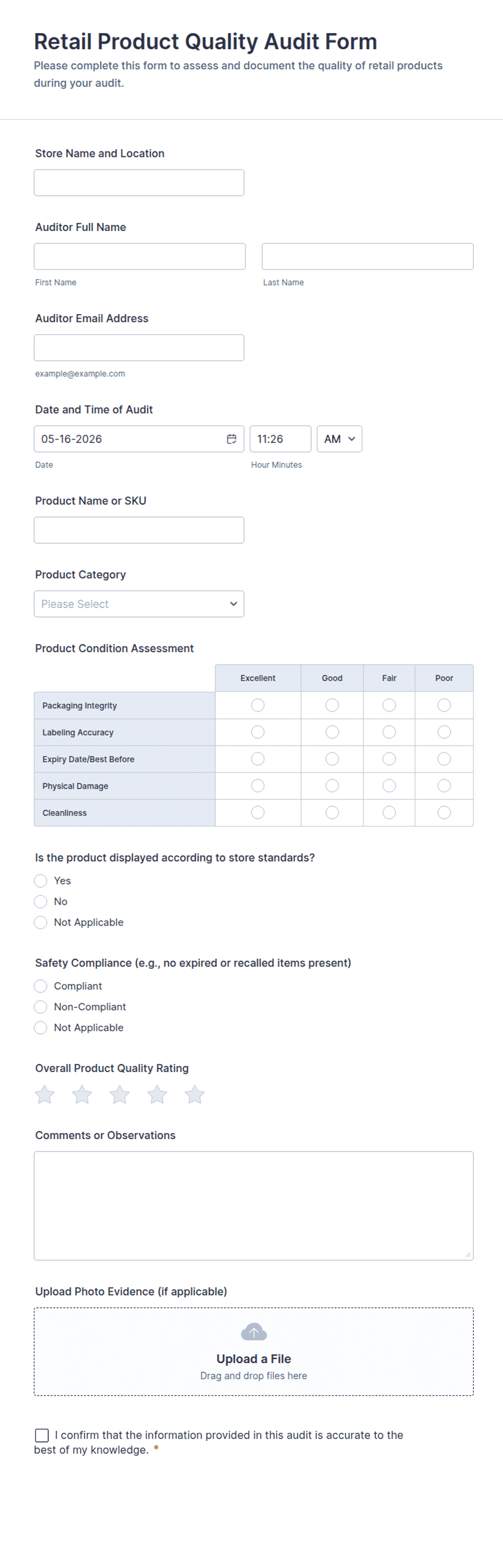 Retail Product Quality Audit Form Template | Jotform